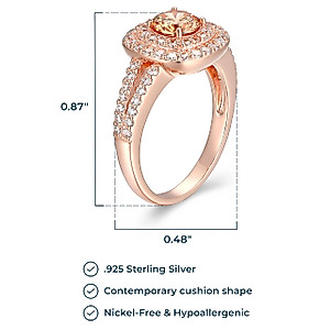MORGAN & PAIGE 14K Rose Gold-Plated .925 Sterling Silver Champagne & White Cubic Zirconia 1/2" Cushion-Shaped Double-Halo Ring - Size 7
