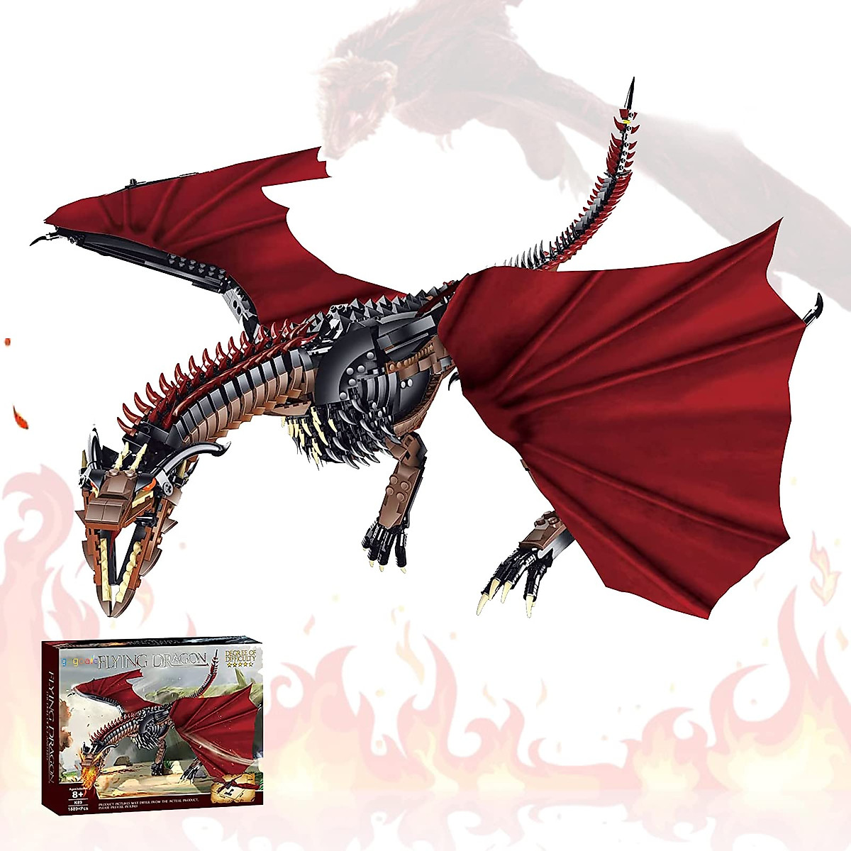 Building Toys Dragon Set Building Kit 1889 Pieces STEM Building Blocks for Boys Red Fire Dragon Construction Set with Wings & Base Holder Building Bricks Display Collection Great Gift for Adult