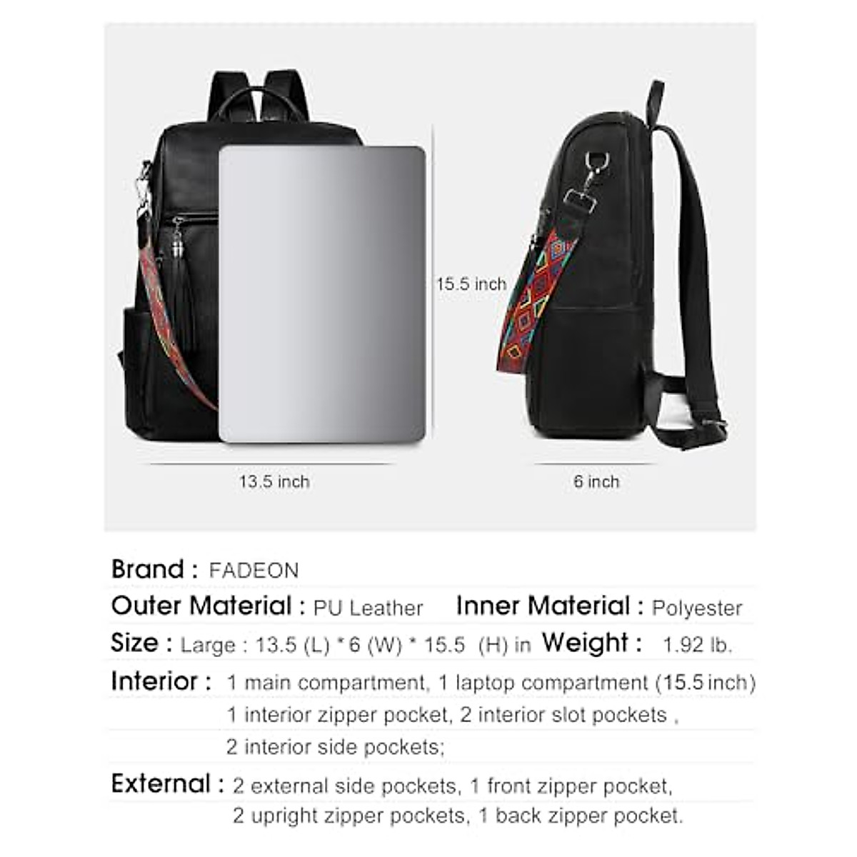 FADEON Laptop Backpack Purse for Women Large Designer PU Leather Laptop Bag, Ladies Computer Shoulder Bags