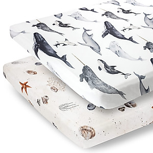 Pobibaby - 2 Pack Premium Pack N Play Sheets Fitted for Standard Pack and Plays and Mini Cribs - Ultra-Soft Jersey Knit, Stylish Ocean Pattern, Safe and Snug for Baby (Seaside)