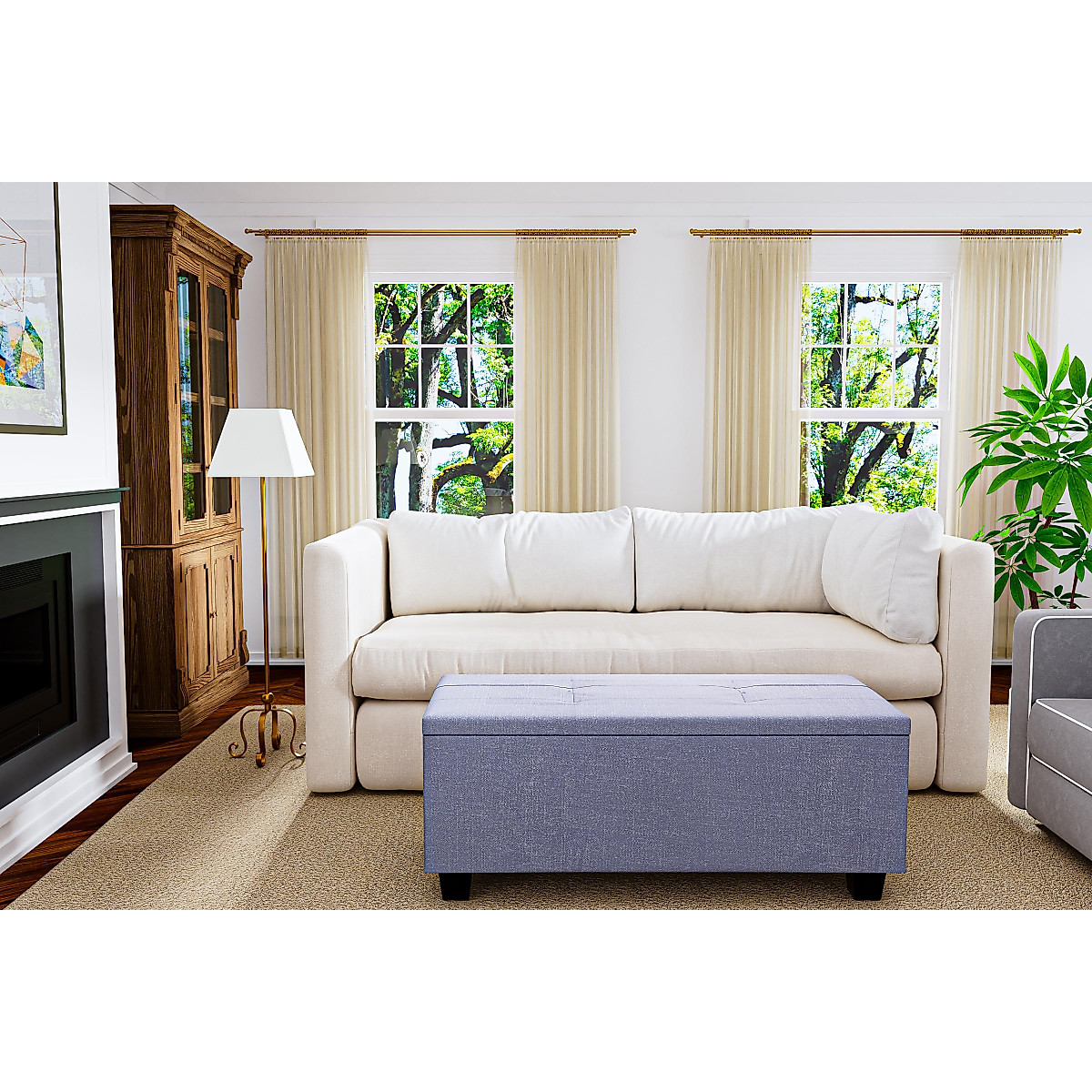 Tassullo Hinged Storage Ottoman Set of 3, 38'' Living Room Storage Bench with Thick Seating, 2pcs Small Square Dorm Stool Couch Side Foot Rest