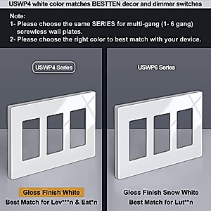 [2 Pack] BESTTEN 3-Gang Screwless Wall Plate, USWP4 White Series, Decorator Outlet Cover, H4.69” x W6.54”, for Light Switch, Dimmer, USB, GFCI, Receptacle