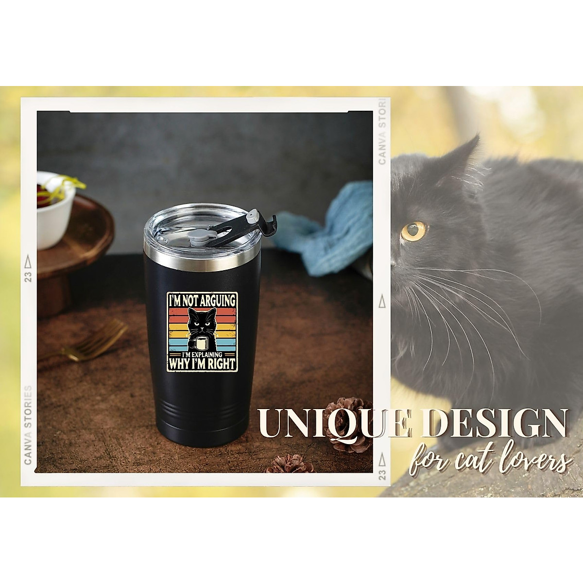 Onebttl Black Cat Gifts for Cat Lovers, Insulated Stainless Steel Tumblers with Lids and Straws, Funny gifts for Cat Mom, Dad on Birthday, Christmas, 20 oz, Black, I'm not arguing