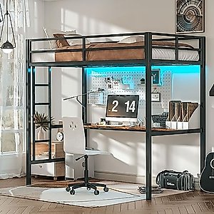 LIKIMIO Loft Bed Twin Size with Desk, Safety Guardrail and Stairs, Metal Loft Bed Frame with Power Outlet and LED Lighted, Space-Saving, Noise Free, Black