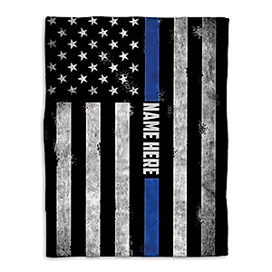 Custom Police Thin Blue Line American Flag Back The Blue Personalized Name Soft Sherpa Throw Blankets | Cozy Fuzzy Fleece Throws for Tv Sofa, Couch | Comfy Fluffy Blanket Gifts for Men Women 50 X 60
