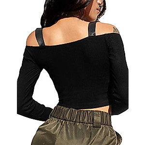xxxiticat Women's Chic Fashion Off Shoulder Long Sleeve Cold Shoulder Knitted Zipper Up Tshirts Crop Tops Camis(T-BL,M) T-Black