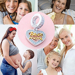 Best Mom Heart Charms for Women - 925 Sterling Silver Dangling Pendants Beads - Fit Pandora Mother’s Day Bracelets, Necklaces, European Snake Chains - Gifts for Thanksgiving .