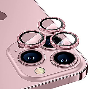 LOVE 3000 Compatible with iPhone 13 Pro/iPhone 13 Pro Max Camera Lens Protector Bling Glitter Diamond HD Tempered Glass Cute Camera Cover Protective Metal Individual Ring for Women Girls - Pink Glitter