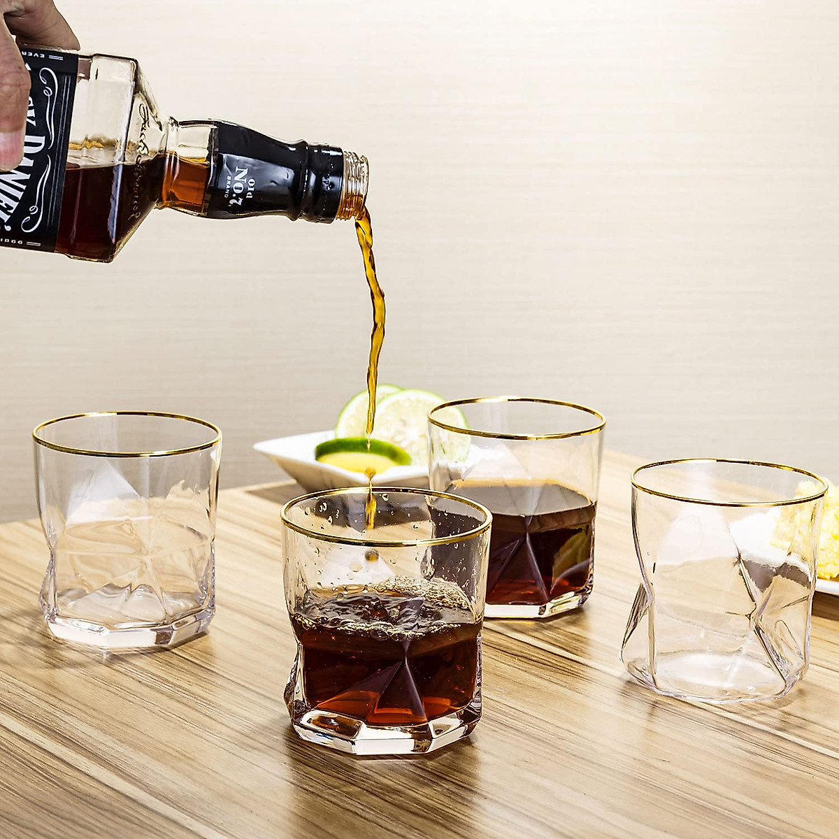 MyGift Set of 4 Clear Glass Old Fashioned Whiskey Tumblers with Prismatic Geometric Shape Design and Gold Rim - 11 oz