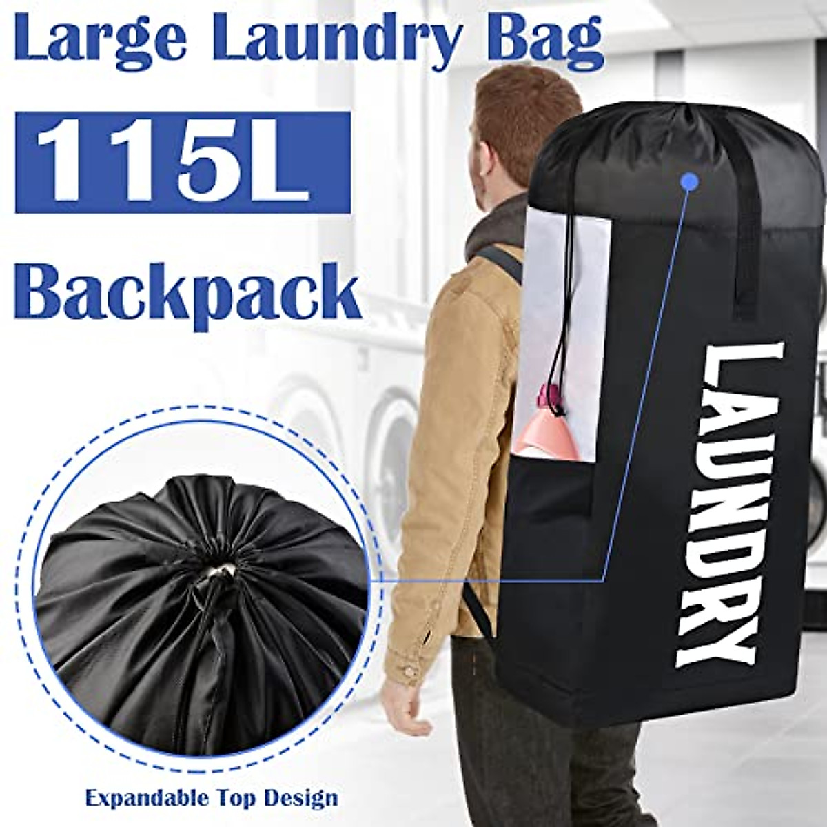 Laundry Backpack, Laundry Bag Backpack Extra Large Heavy Duty, 115L Travel Laundry Bags with Shoulder Straps Dirty Clothes Bag Backpack with Drawstring Closure for Camp College Dorm Laundromat