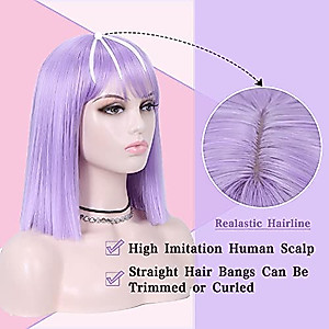 WIGER Purple Bob Wigs Straight Purple Wig with Hair Bangs Short Bob Wigs Shoulder Length Bob Wig Synthetic Hair for Women Cosplay Wig