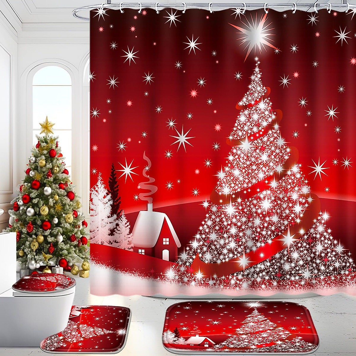 Poedist 4 Pcs Christmas Bathroom Decor Set,Christmas Shower Curtain Sets, Xmas Shower Curtain Sets with Rugs(Bath Mat,U Shape and Toilet Lid Cover Mat) and 12 Hooks,Christmas Tree