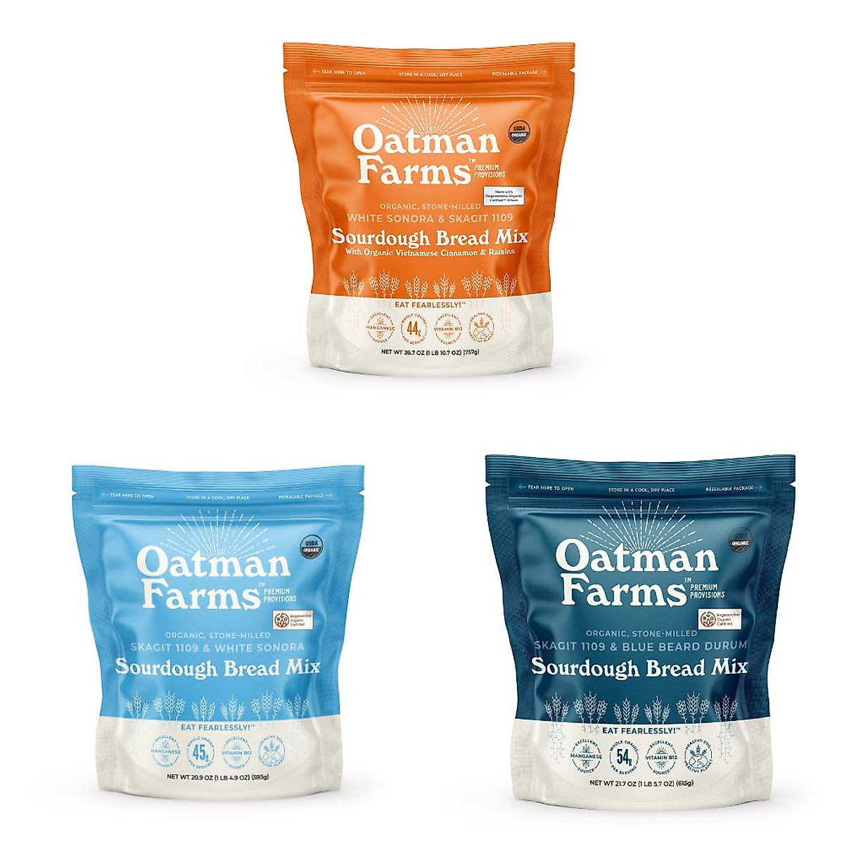 Organic Sourdough Bread Mix - Blue Beard Durum & Skagit 1109, Cinnamon Raisin, & Skagit 1109 & White Sonora - Whole Wheat Bread Mix by Oatman Farms - Features Regenerative Organic Certified Stone-Mil