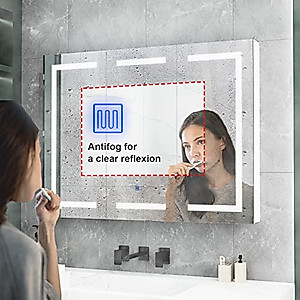 ECACAD LED Lighted Bathroom Medicine Cabinet with Mirror & Shelves, Wall Mounted Bathroom Mirror Cabinet with 3 Doors, Defogger， Adjustable Light Color & Brightness, White