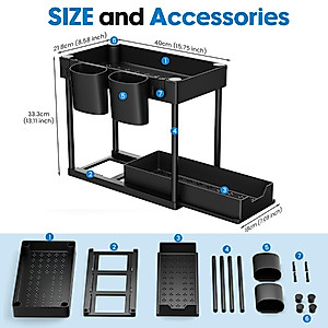 MadebyGNL Under Sink Organizer, Black, ABS Plastic, Slide-Out Basket, 2-Tier, 4 Hooks, 2 Cups, No Tools Required, Easy Setup, Damp Cloth Wipe, Wide Application, After Sales Service