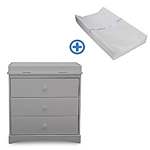 Delta Children Sutton 3 Drawer Dresser with Changing Top, Grey and Contoured Changing Pad, White