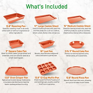 NutriChef 10-Piece Nonstick Oven Baking Pan Set - Premium Carbon Steel Bakeware w/Cookie Sheets, Loaf & Cupcake Pans, Perforated Crisper Pans, Round & Square Roasting Pans, Easy to Clean - Copper