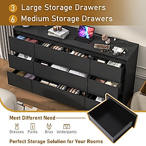 Black Dresser for Bedroom, 63 Inch Long 9 Drawers Dresser with Charging Station, Modern Large Wood Chest of Drawers Handle Free, Dresser for Bedroom, Living Room, Entryway, Hallway, Black