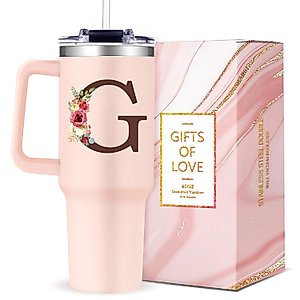Monogrammed 40oz Tumbler with Handle for Women, Personalized Birthday Gifts for Women,Initial Cups for Woman Floral Letter G,Customized Gifts for Female Lady Gift for Mothers Day Christmas
