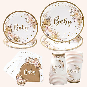 Boho Baby Shower Decorations Plates and Napkins Tableware for 24 Guests, Pampas Grass Floral Paper Plates Cups Design for Neutral Baby Shower Girl Boy Boho Party Supplies