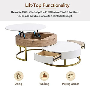 Merax Round Lift-Top Nesting Coffee Table Set of 2,with Storage 2 Drawers,Perfect for Living Room Small Space Apartment, White/Natural