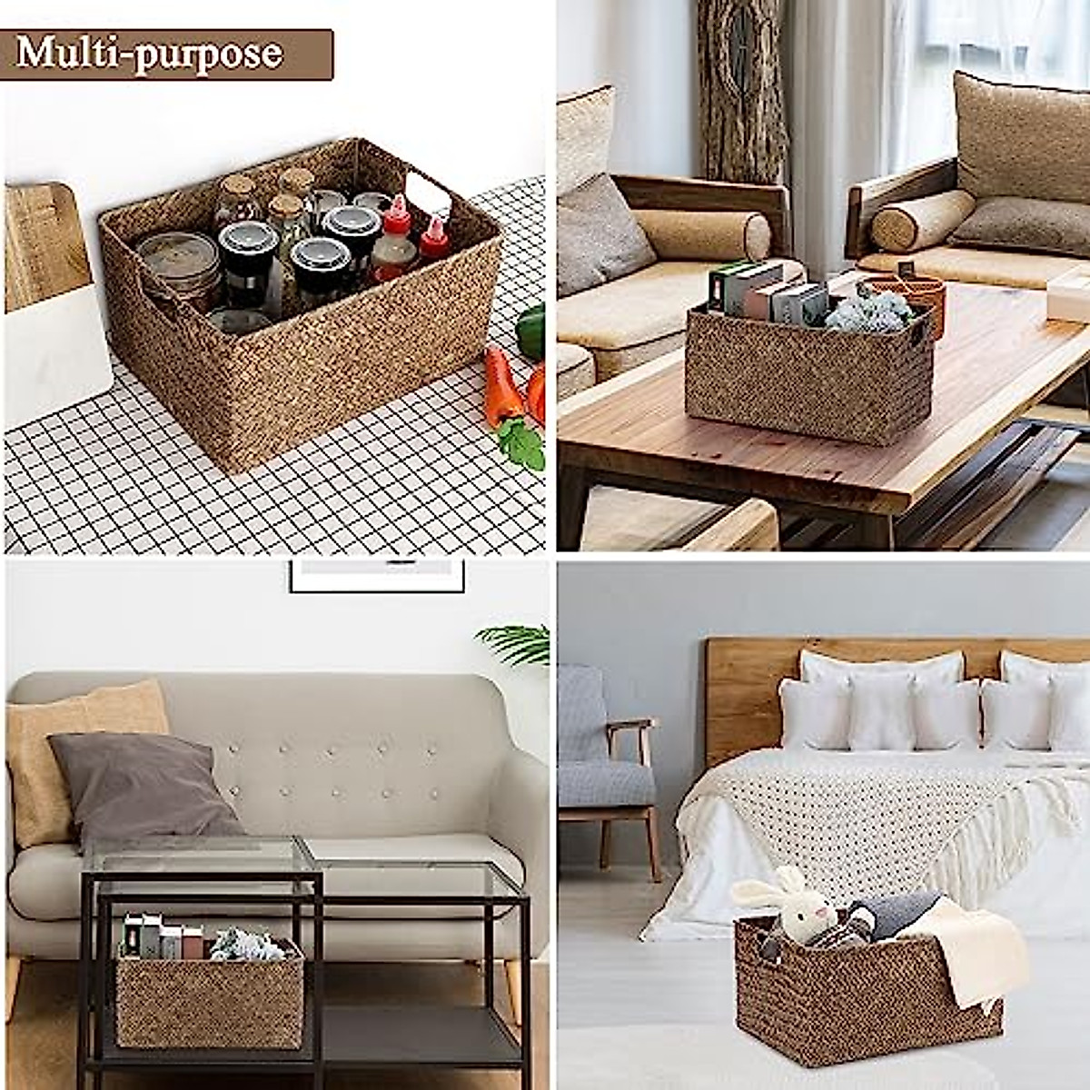 Hipiwe Seagrass Storage Opened Baskets Bin for Shelf Organizing Handwoven Wicker Baskets Rectangular Decorative Basket Closet Bedroom Organizer Bin Box Multipurpose Storage Basket with Handle