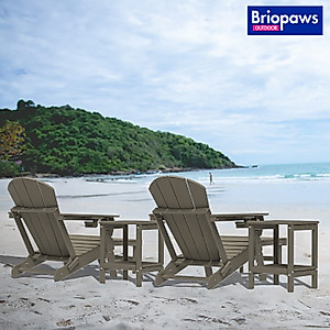 BRIOPAWS Folding Adirondack Chair with Adjustable Backrest & Ottoman, Wood Texture All-Weather HDPE Outdoor Chairs w/Cup Holders & Retractable Footrest for Poolside, Fire Pit, Campfire, Light Brown