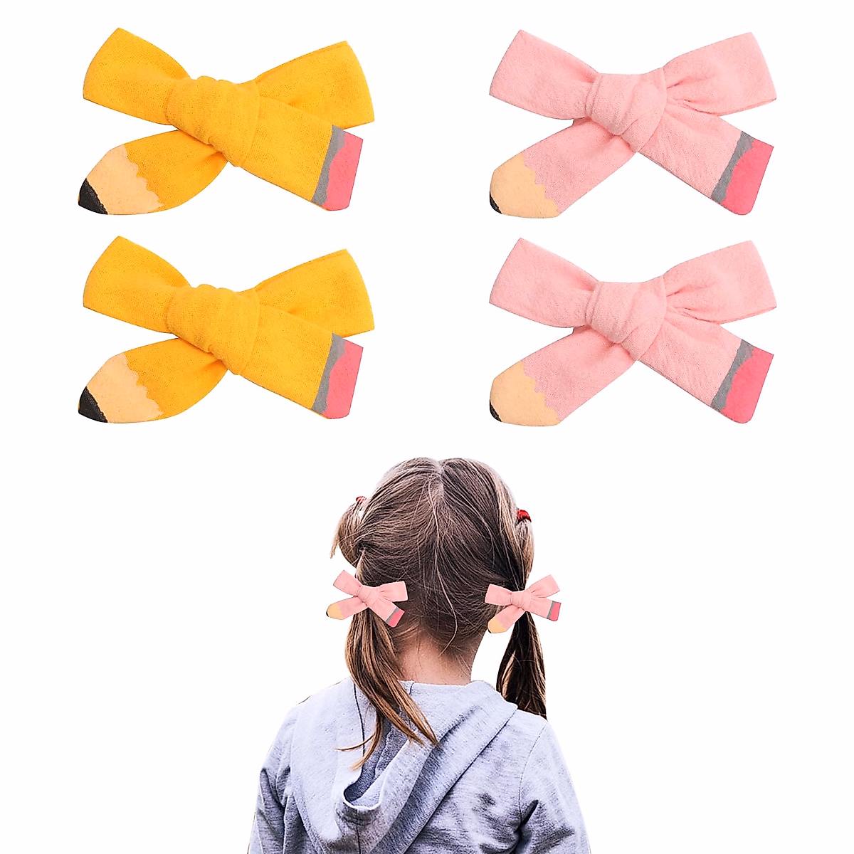 Fepibur 4 PCS Back To School Hair Clips for Girls, Hand Painted Yellow and Pink Pencil Bows, Hair Accessories for Little Teen Toddler Girls Students