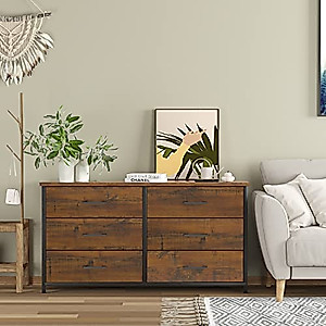 IKENO 6 Drawer Double Dresser, Industrial Wood Dresser for Bedroom, Storage Cabinet with Sturdy Steel Frame