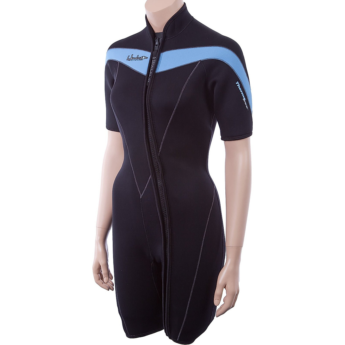Henderson Thermoprene 3mm Womens Front Zip Wetsuit 8 Tall Black/Sky Blue