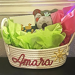Custom Baby Name Clothes Baskets,Personalized Cute Woven Diaper Basket for newborn,Cotton Round organizer (White)