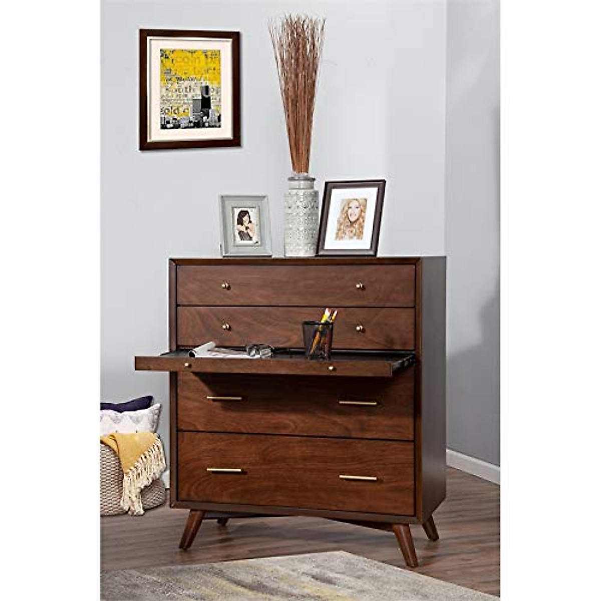 Alpine Furniture Flynn Mid Century 4 Drawer Storage Accent Chest in Walnut (Brown)