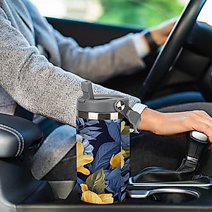 30oz Stainless Steel Insulated Tumbler with Flip Lid & Straw, Leakproof Travel Mug for Car, Blue Base Yellow Floral Double Wall Vacuum Thermal Coffee Cup with Handle, Spill-Proof Design for Hot/Cold D