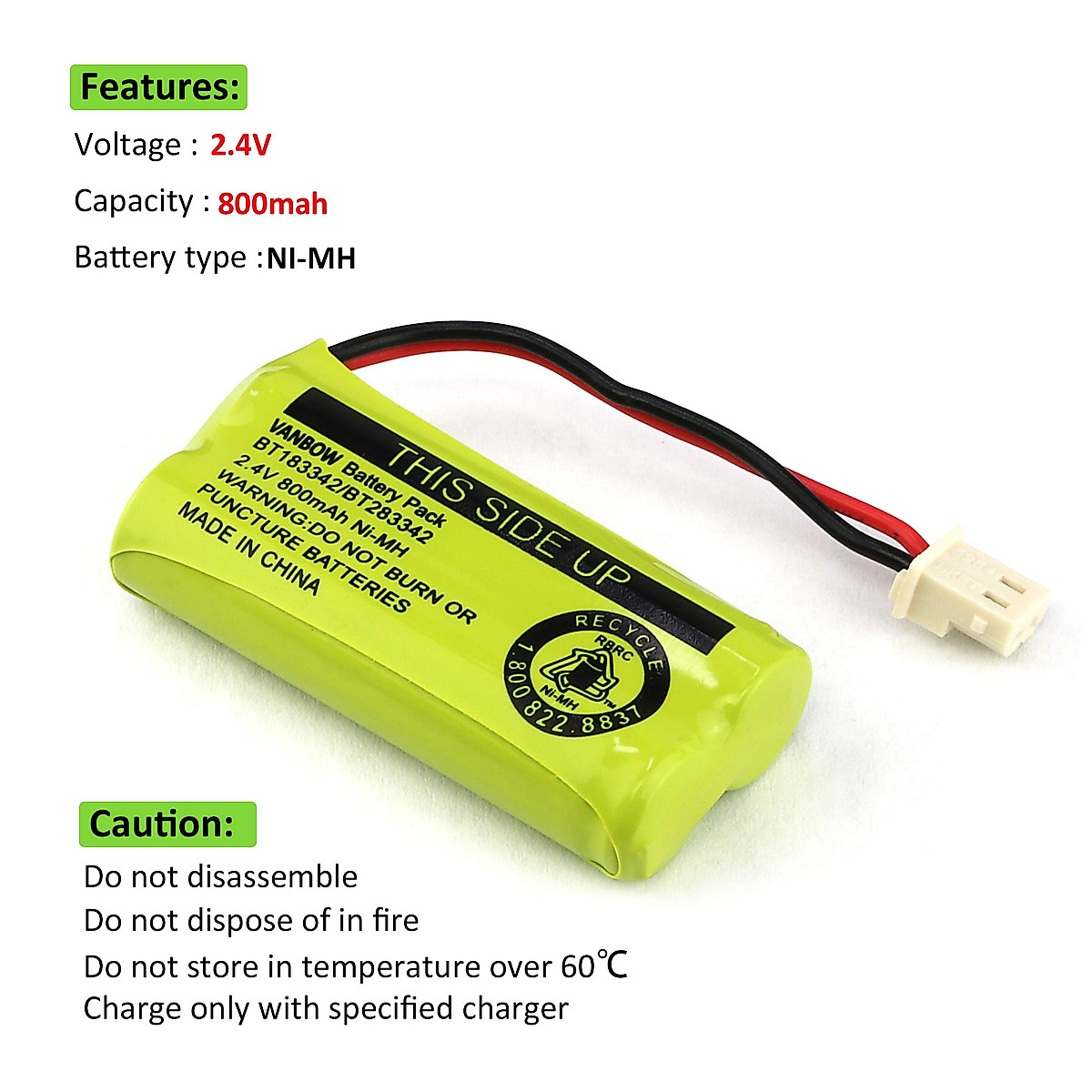 VANBOW BT183342/BT283342 2.4V 800mAh Ni-MH Battery Pack, Compatible with AT&T VTech Cordless Phone Batteries BT166342/BT266342 BT162342/BT262342 CS6709 CS6609 CS6509 CS6409 EL52100 EL50003 (Pack 2)