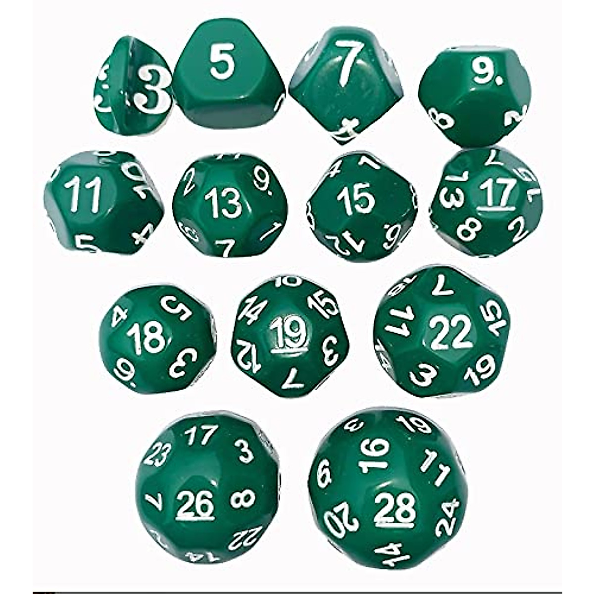 Impact! Miniatures Green - Weird RPG Poly Dice Set - D3, D5, D7, D9, D11, D13, D15, D17, D18, D19, D22, D26 & D28