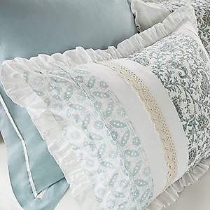 D&H 9 Piece Periwinkle Blue Green Paisley Comforter Queen Set, Blue White Shabby Chic Adult Bedding Master Bedroom Stylish Pintuck Ruffled Pattern Ruched Elegant Traditional Cotton Polyester