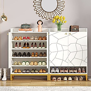 Tribesigns Shoe Cabinet, 6-Tiers Shoe Storage Cabinet with Doors for Entryway, White Gold Free Standing Shoe Cabinet Storage Organizer with Open Shelf for Living Room, Bedroom,Closet