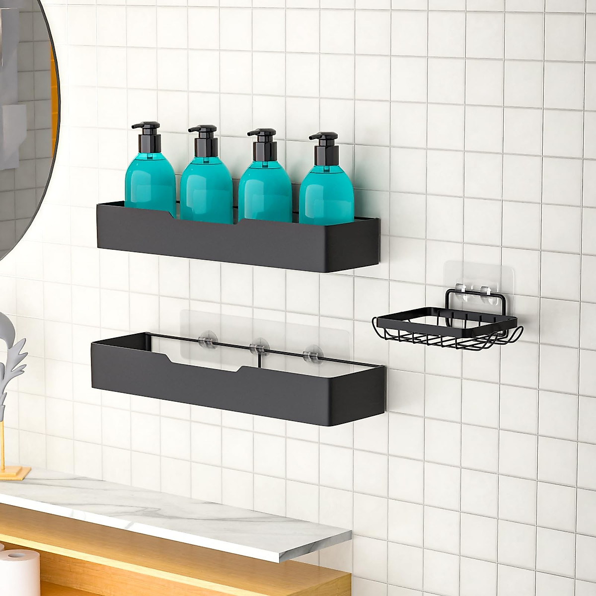 Emuardoe Corner Shower Caddy 2 Pack,with Soap Holder with 6 Removable Hooks Rustproof Stainless Steel Bathroom Accessories Organizer, No Drilling Wall Mounted Rack for Bathroom Kitchen