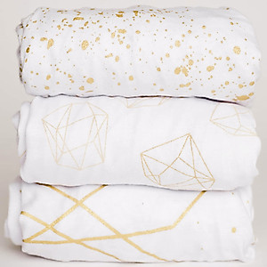 NODNAL CO. 3 Fitted Gold Bassinet Sheets Set for Baby Girl - 100% Oeko-TEX Cotton - Shimmery Glitter Geometric Shapes, Dots and Lines - Cradle/Moses Basket Hourglass, Oval & Rectangle Mattress Sheet