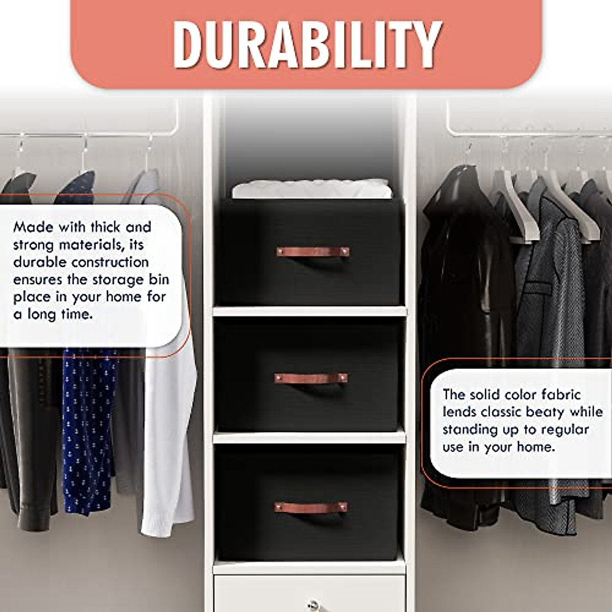 Ornavo Home 3 Pack Collapsible Storage Bins with Lid, Foldable Linen Fabric Shelf Storage Basket Closet Organizer and Large Storage Box for Clothes with Leather Handles, 15 x 10 x 9, Black