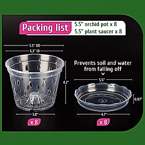 REMIAWY Orchid Pot, 8 Pack Orchid Pots with Holes and Saucers, 5.5 Inch Clear Orchid Pots for Repotting, Plastic Flower Plant Pot Indoor Outdoor, Breathable Slotted Orchids Planter