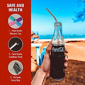 8 Piece 5/16 inch (8mm) Wide Bent Stainless Steel Straws for 40 oz Tumbler with Handle, 12 Inch Long Reusable Metal Drinking Straws, Replacement Straws with Silicone Tips & Cleaning Brush, Silver