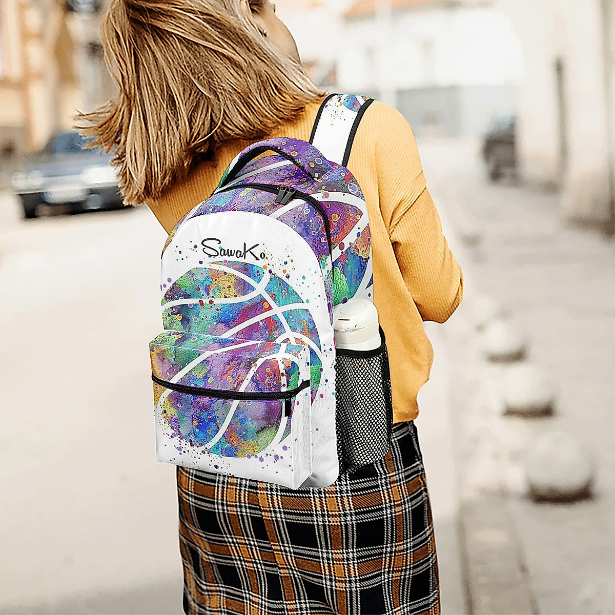 CUXWEOT Basketball Watercolor Art Personalized School Backpack Casual Schoolbag with Name for Boys Girls Gift