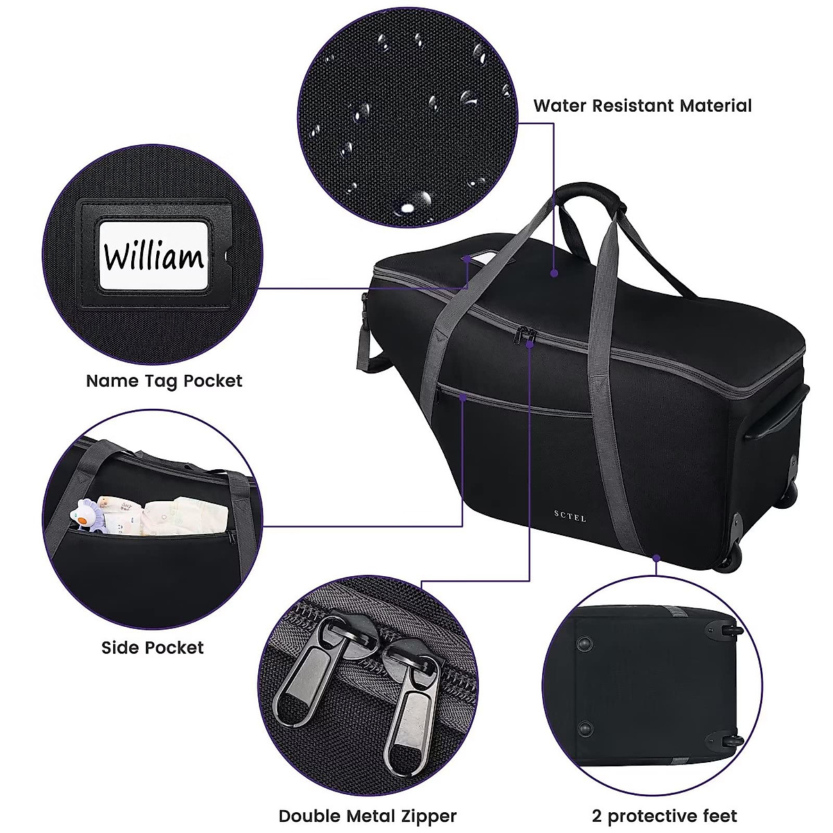 SCTEL Car Seat Travel Bag for Airplane Fits Chicco KeyFit 30, UPPAbaby MESA, Nuna Pipa, Padded Car Seat Bag with Wheels, Infant Gate Check Bag with side pocket, Protective Feet, Adjustable Handle