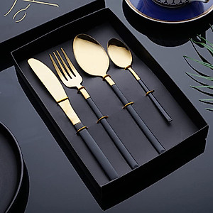 4 Pcs Stainless Steel Flatware Set, Black Gold Modern Cutlery Set Mirror Polished Knife Fork Spoon for Home, Kitchen, Including Place Knife, Fork, Spoon, Teaspoon, One Size (xiejinhong2)