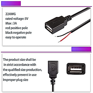 XMSJSIY USB 2.0 Female Pigtail Cable Extension Power Cable 22AWG 5V 3A USB A Socket to 2 Pin Bare Wire Open End Connector for DIY-2 Pcs (0.3M)