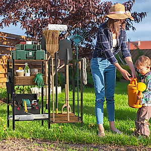 SHINOSKE Garden Tool Organizer with 3-Tier Shelves,Garden Tool Storage Rack with Wheels,Yard Tool Rack for Garage Organization and Storage,Hold Long-Handled Tool,Broom,Rake,3Hooks,Shed,Outdoor