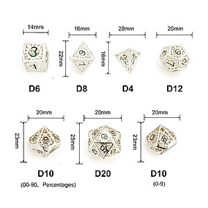 Hollow Metal DND Dice Set of 7 Uniquely Designed Polyhedral D&D Dice Set with Gift Metal Box and Numbers for Dungeons & Dragons RPG Role Playing and Pathfinder Dice Games(White-2)