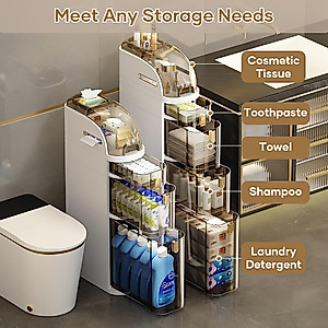 4-Tier Slim Bathroom Storage Cabinet, Narrow Bathroom Storage Organizer, Waterproof Toilet Paper Holder, Movable Plastic Storage Cabinet for Small Spaces, Kitchen, Dormitory, Apartment, Out of Box