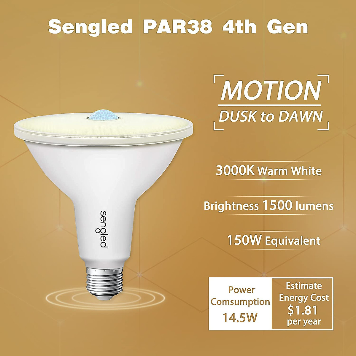 Sengled Outdoor Flood Light Bulbs Motion Activated, Motion Sensor Light Bulbs, PAR38 Led Porch Lights with Dusk to Dawn Sensor, Waterproof, 3000K Warm White, 1500LM, 4 Pack